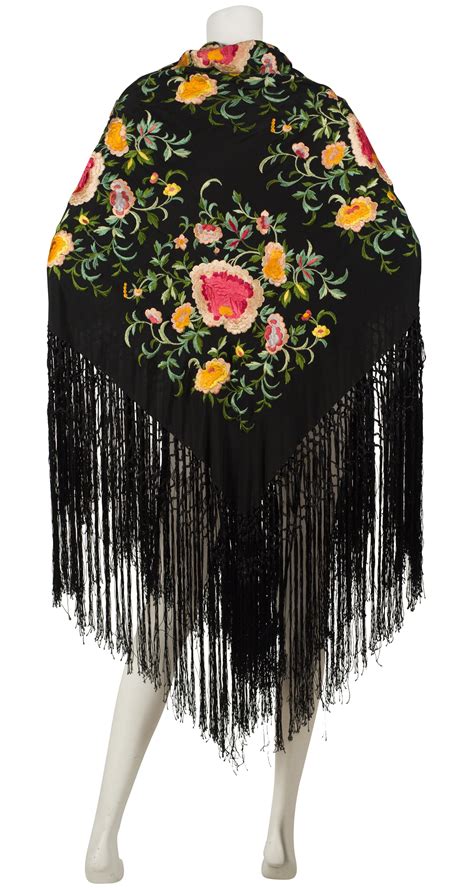 1920s Embroidered Floral Black Silk Fringe Piano Shawl Featherstone