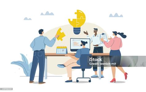 비즈니스 브레인스토밍 브레인스토밍을 위한 비즈니스 팀 회의 및 전구 퍼즐 조각 보유 회사 직원들이 생각과 아이디어를 공유 팀워크 개념 벡터 디자인 일러스트 레이 션 모임에