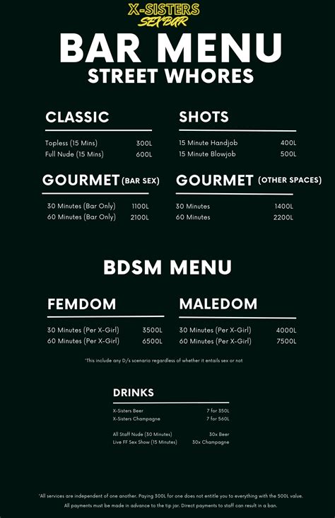 Rates And Menus Second Life Escort Services X Sisters Sex Bar Sl