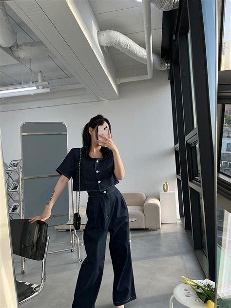 여름신상 스퀘어넥 데님 크롭 셔츠 와이드롱팬츠 투피스세트 에이블리