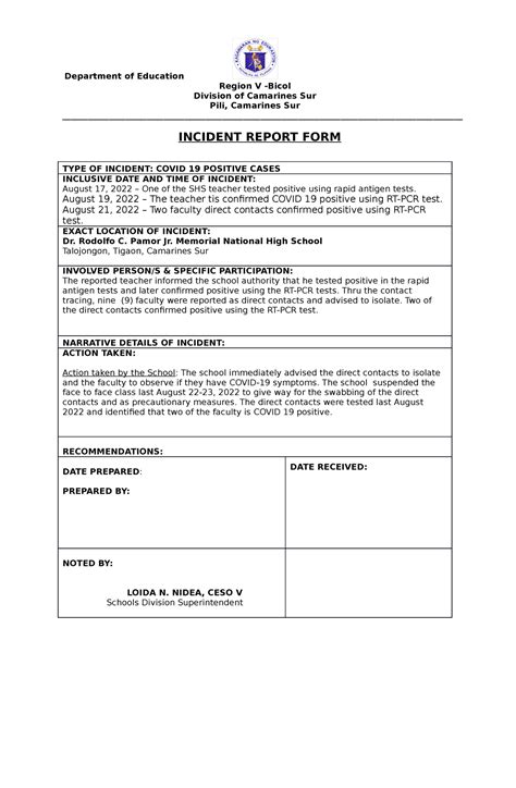 Incident Report Form Department Of Education Region V Bicol