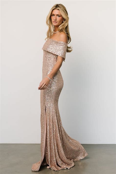 Baltic Born Yvonne Off Shoulder Sequin Gown Champagne Women