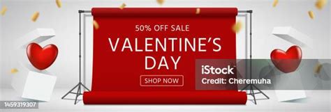 발렌타인 데이 세일 지금 쇼핑하세요 3d 현실적인 트렌디 한 디자인 하트 모양의 풍선이 있는 흰색 렌더 상자 금이 떨어지는