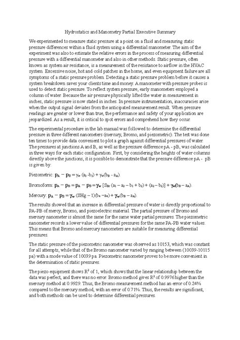 Hydrostatics And Manometry Partial Lab Report Hydrostatics And