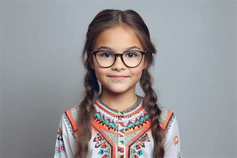 Premium Ai Image School Pupil Native American Girl In Glasses On Background With Copy Space