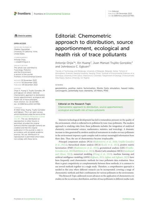 Pdf Editorial Chemometric Approach To Distribution Source Apportionment Ecological And