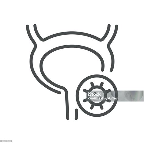 방광 바이러스 감염 아이콘입니다 바이러스 입자가 있는 방광의 선 그림 요로의 바이러스 감염을 나타냅니다 의료 및 의학 교육 자료 고립된 벡터 기호입니다 개념에 대한 스톡