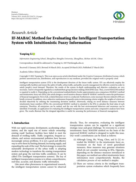 Pdf If Mabac Method For Evaluating The Intelligent Transportation