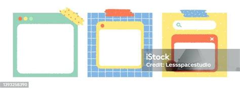 테이프 손으로 그린 벡터 일러스트레이션이있는 귀여운 다채로운 웹 브라우저 창 메모장 세트 빈 팝업 스티커 메모 메모를위한 템플릿 용지 만화 스타일 흰색에 고립되어 있습니다