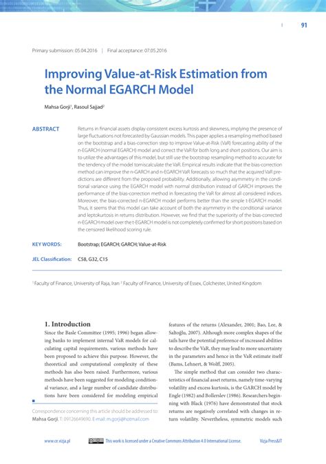 Pdf Improving Value At Risk Estimation From The Normal Egarch Model