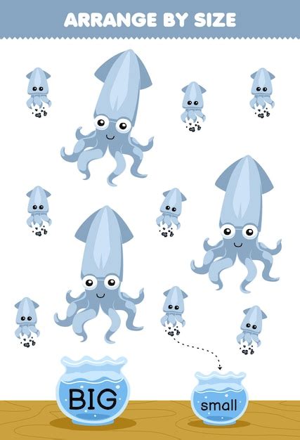 아이들을 위한 교육 게임은 크거나 작은 크기로 정렬하여 귀여운 만화 오징어 인쇄 가능한 수중 워크시트의 어항에 넣습니다 프리미엄 벡터
