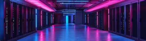 Wideangle View Of Modern Data Center With Vibrant Neon Lighting