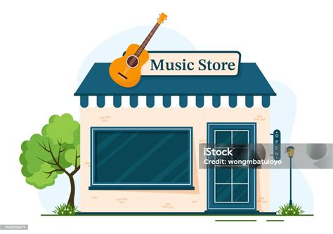 다양한 악기 Cd 카세트 테이프 및 플랫 스타일의 오디오 녹음이 있는 음악 상점 만화 손으로 그린 템플릿 그림 Classical Concert에 대한 스톡 벡터 아트 및