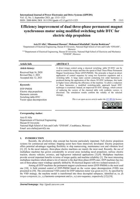 Efficiency Improvement Of Dual Three Phase Permanent Magnet Synchronous Motor Using Modified