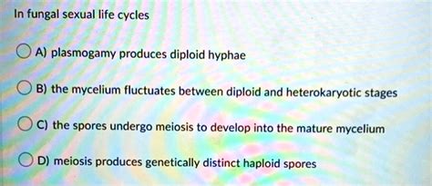 Solved In Fungal Sexual Life Cycles A Plasmogamy Produces Diploid Hyphae B The Mycelium