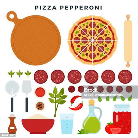 피자 페퍼로니와 그것을 요리하기위한 모든 재료 피자를 만드세요 피자 만들기를위한 제품 및 도구 세트 벡터 그림입니다 고기에 대한 스톡 벡터 아트 및 기타 이미지 Istock