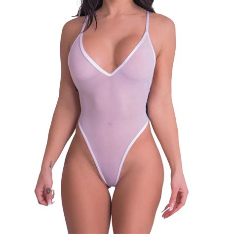 Sheer See Through Bodysuit Lingerie One Piece Bikini Stretch Mesh V