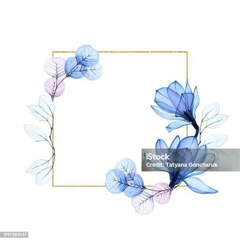 투명한 목련 꽃과 유칼립투스 잎이 있는 사각형 골드 프레임 디자인 인사말 카드 결혼식 초대장을위한 파란색 꽃빈티지 프레임 화장품