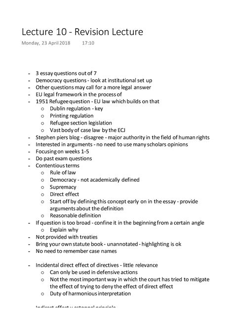 Eu Law Lecture 10 Revision Lecture 3 Essay Questions Out Of 7 Democracy Questions Look At