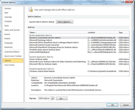 Office Outlook 2010 Add In Manager