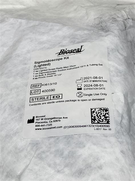 New Bioseal Sigmoidoscope Kit K1613 10 Exp 08 2024 K24 K1613 10 Sigmoidoscope Kit Disposables
