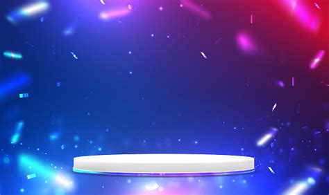 색종이 조각과 기술 룸 배경에 반짝이는 조명이 있는 제품 전시 연단 0명에 대한 스톡 벡터 아트 및 기타 이미지 0명 3차원 형태 Brand Name Video