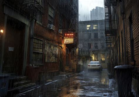Rainy Night City Alley Dark And Moody Urban Scene Stock Illustration