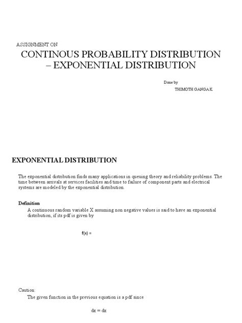 Continous Probability Distribution Exponential Distribution Pdf