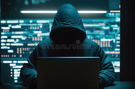 Hacker In A Hood With A Hidden Face Looks At The Screen Of A Laptop