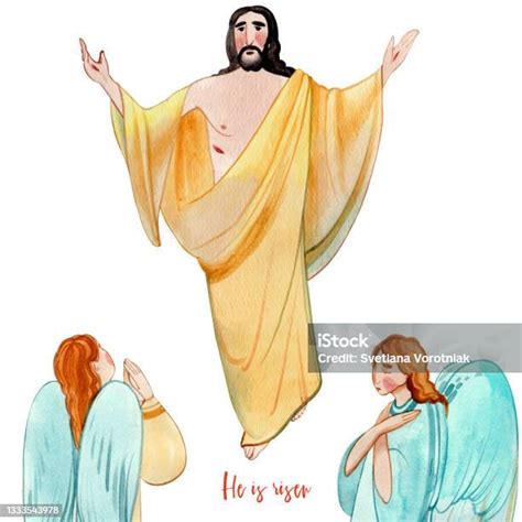 การ์ดอวยพรคริสเตียนอีสเตอร์กับพระเยซูคริสต์และอธิษฐานทูตสวรรค์ เขาฟื้นขึ้นมาแล้ว ภาพประกอบสต็อก