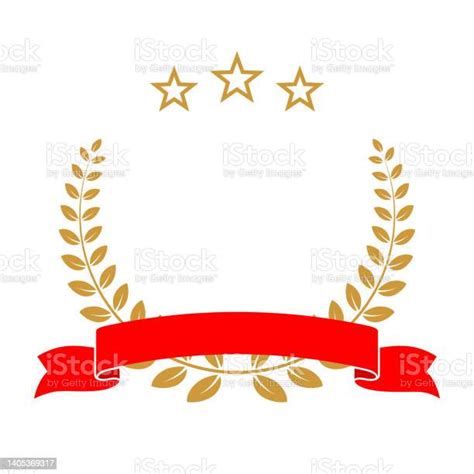 빨간색 리본과 별 벡터 일러스트레이션이있는 노란색 월계관 화환 수상자를위한 올리브 브랜치가있는 황금 상 승리 상 배지 또는 흰색