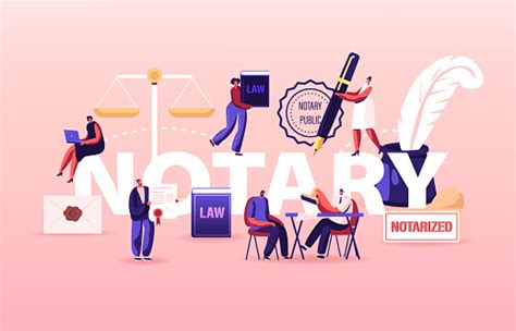 공증인 전문 서비스 개념 사람들은 서명 및 합법화 문서에 대한 변호사 사무실을 방문합니다 비서 문자 스탬핑 문서 포스터 배너 전단지 만화 벡터 일러스트레이션 증명서에 대한