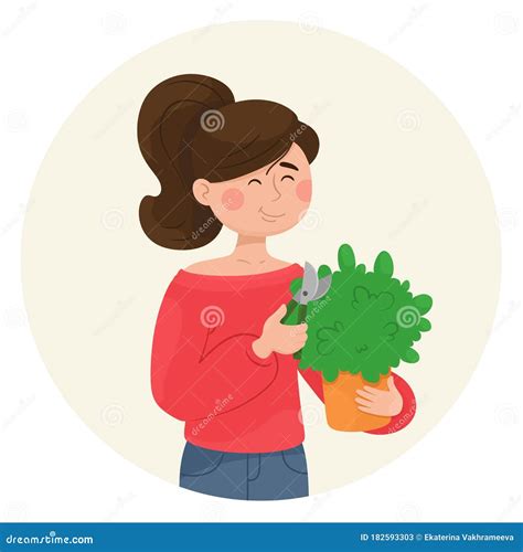The Girl Is Pruning The Plant Vector Avatar In Cartoon Style Stock Vector Illustration Of