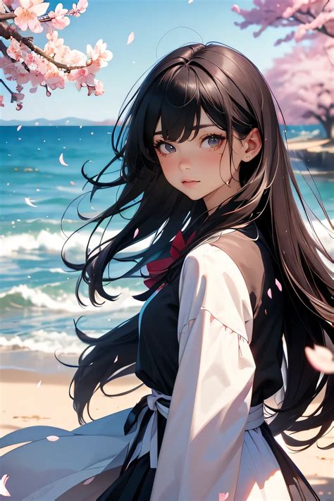 Anime Girl With Long Black Hair And A White Dress Standing On A Beach