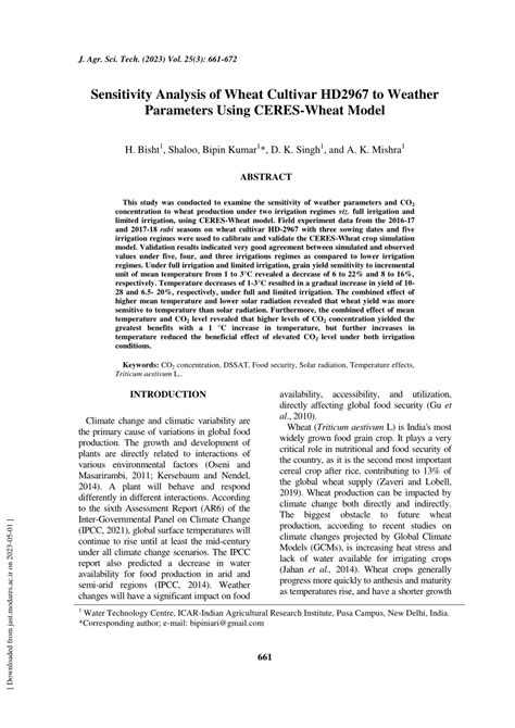 Pdf Sensitivity Analysis Of Wheat Cultivar Hd2967 To Weather