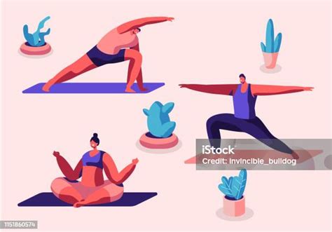 체육관 스튜디오 매트에 앉아 요가 연습 하는 사람들의 그룹 요기 남자와 여자는 파 마 나 운동 연꽃 포즈와 Mudra 스트레칭 체조 스포츠 클래스 만화 평면 벡터 일러스트