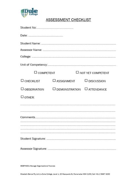Assessment Checklist Pdf