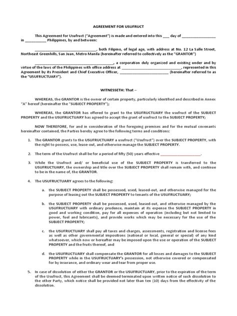 Sample Usufruct Contract Pdf Lease Property