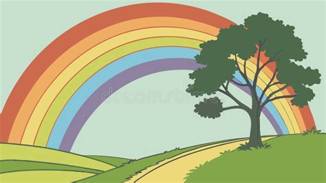 Rainbow Over Green Hills And Tree Hopeful Landscape Vector Design
