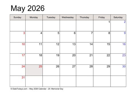 Free May 2026 Calendar With Us Holidays Printable Pdf