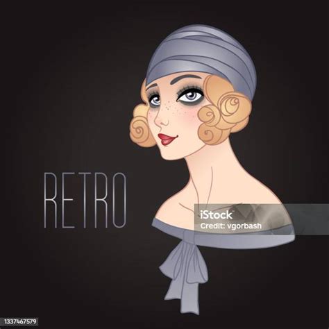 플래퍼 소녀의 아르 데코 빈티지 일러스트 1920 년대 스타일의 복고풍 파티 캐릭터 매력적인 이벤트 또는 재즈 파티를위한 벡터 디자인 1920 1929 년에 대한 스톡 벡터