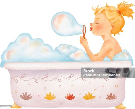 금발의 소녀가 거품 분홍색 욕조에 앉아 비눗방울을 불고 있다 욕조에 비누 거품이 많이 있습니다 수채화 분리된 그림입니다 아늑하고 재미있는 디자인 만화 스타일 기포에 대한