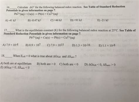 solved 16 calculate Δg° for the following balanced redox