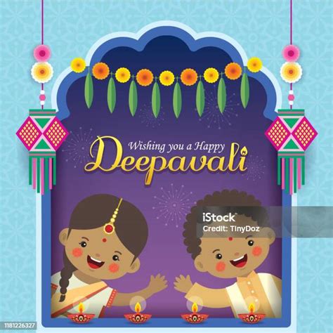 디왈리 또는 디파발리 디왈리 디야 칸딜 랜턴 메리 골드 망고 잎 문 매달려 및 창 프레임 만화 인도 아이들 인도 문화에 대한 스톡 벡터 아트 및 기타 이미지 Istock