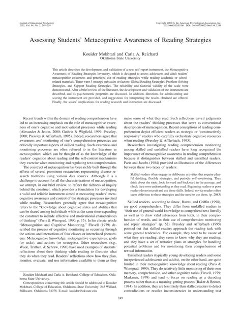 Pdf Assessing Students Metacognitive Awareness Of Reading Strategies