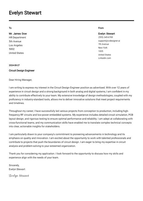 Circuit Design Engineer Cover Letter Examples And Samples For 2024 Cvdesigner Ai