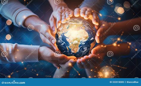 The Photo Shows A Group Of Diverse Hands Holding A Glowing Earth Stock