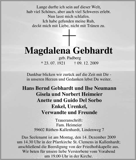 Traueranzeigen Von Magdalena Gebhardt Trauer In Nrwde