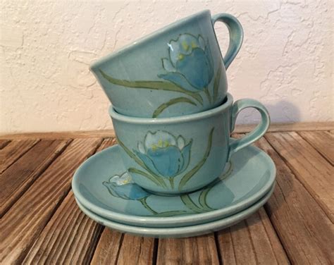 Set Of Collectible Blue Tulip Vernon Ware By Metlox Tea Cups With