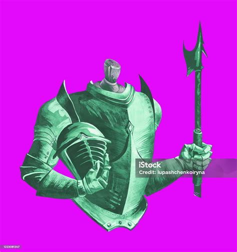 밝은 분홍색 배경에 마네킹에 남성 중세 갑옷과 금속 Halberds의 역사적인 주제에 종이에 구아슈의 예술 상징적 인 색상 드로잉의 유행 삽화 우화 전사와 무기 현대 작품